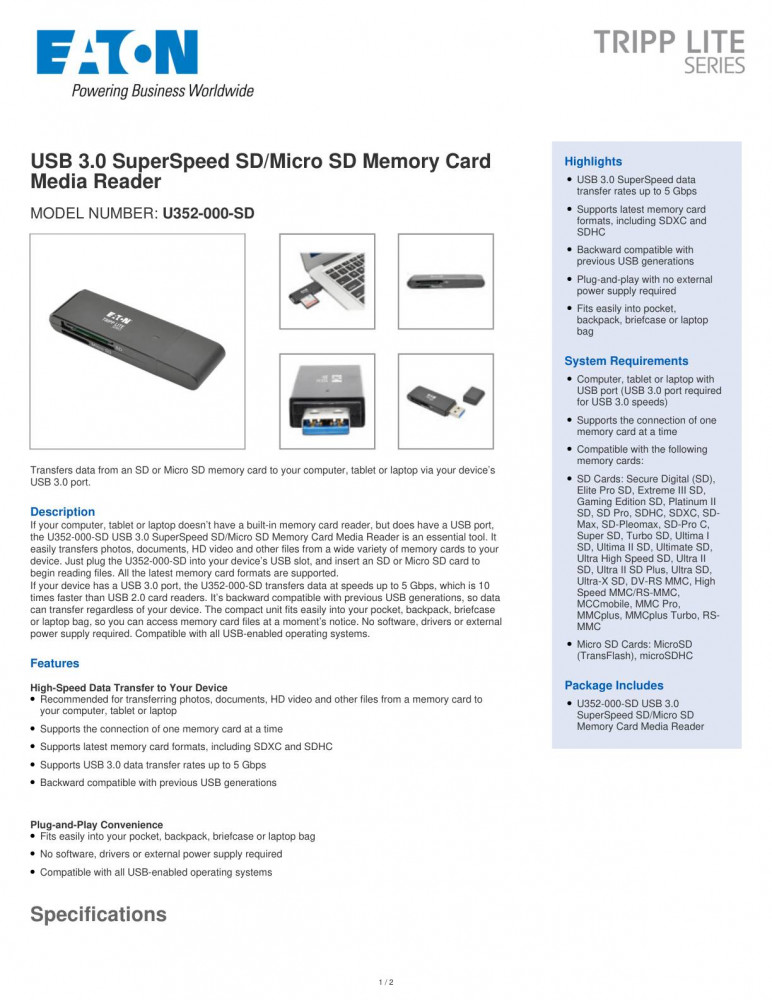 U352-000-SD product documentation image, page 1