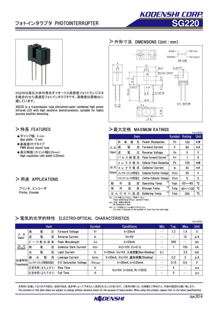 Kodenshi AUK SG220 datasheet page 1