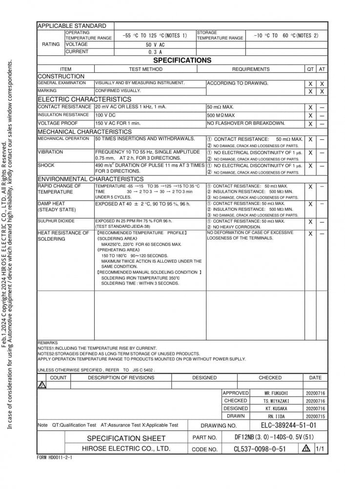 HRS DF12NB specification sheet preview