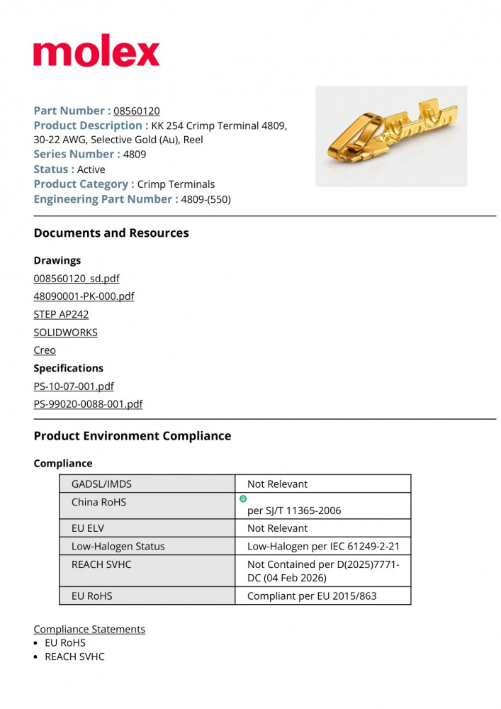 Molex KK 254 product specification page 1