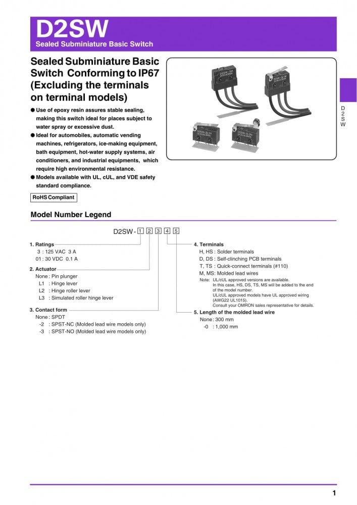 OMRON D2SW series datasheet page 1