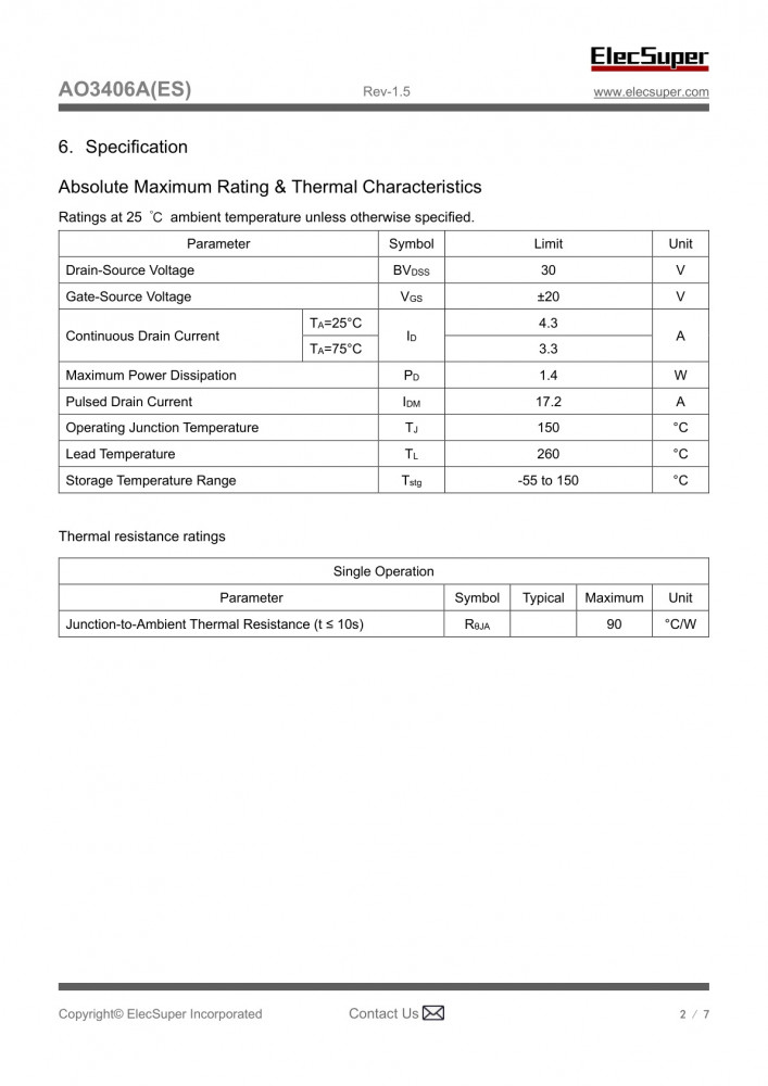 AO3406A(ES) datasheet page 2
