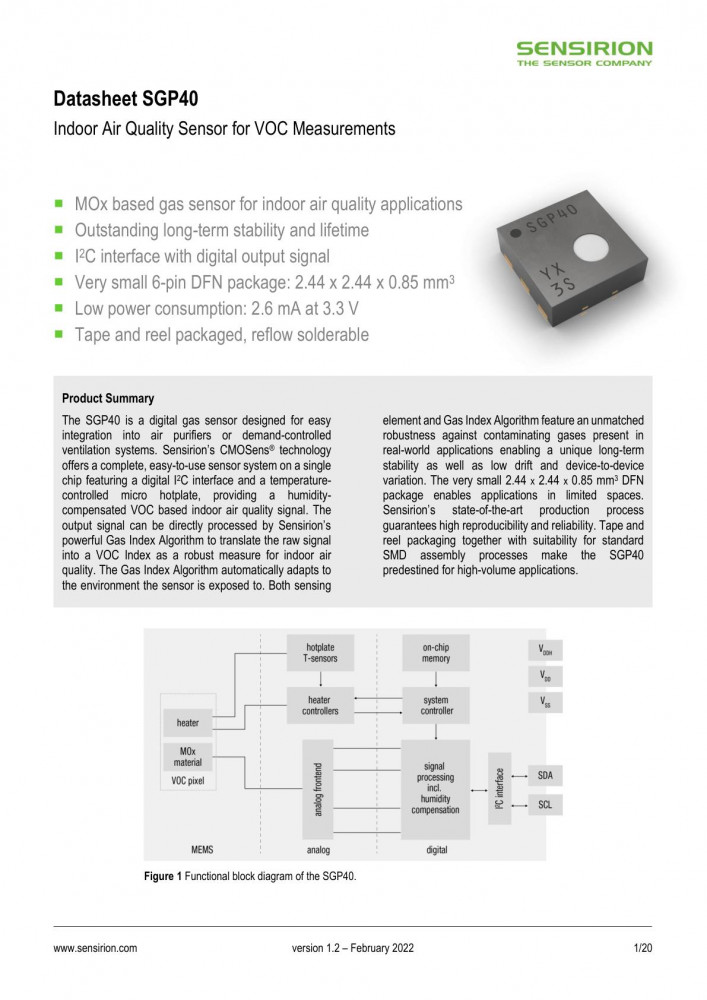 SGP40 datasheet page 1