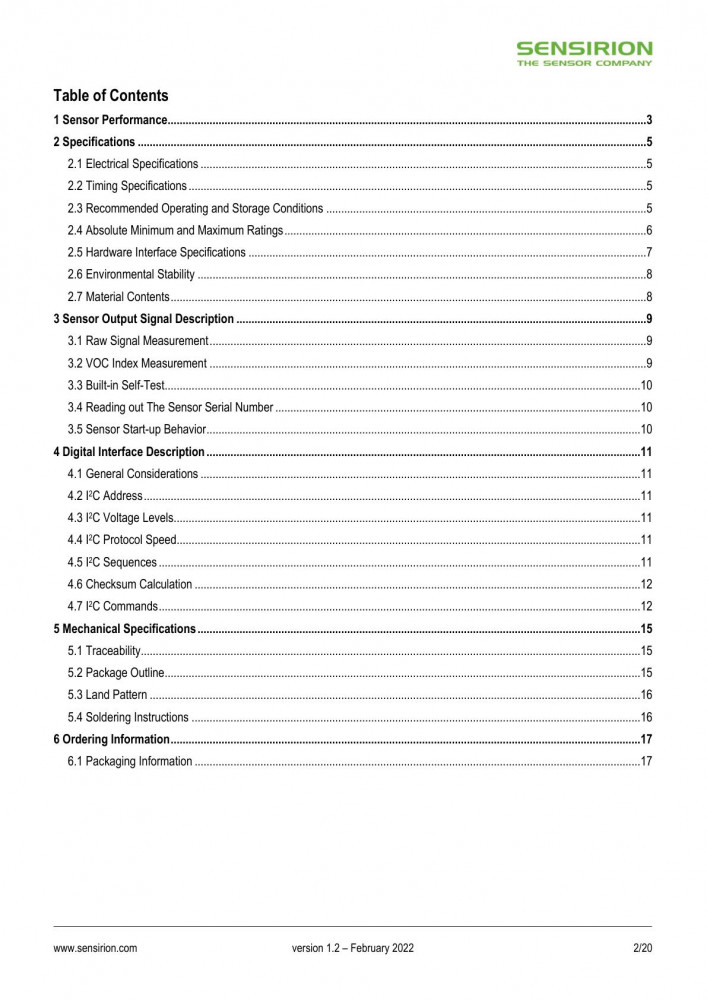 SGP40 datasheet page 2