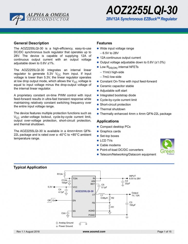 AOZ2255LQI-30 datasheet page 1