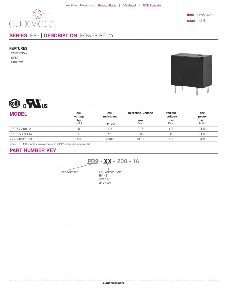 PR9 power relay datasheet page 1