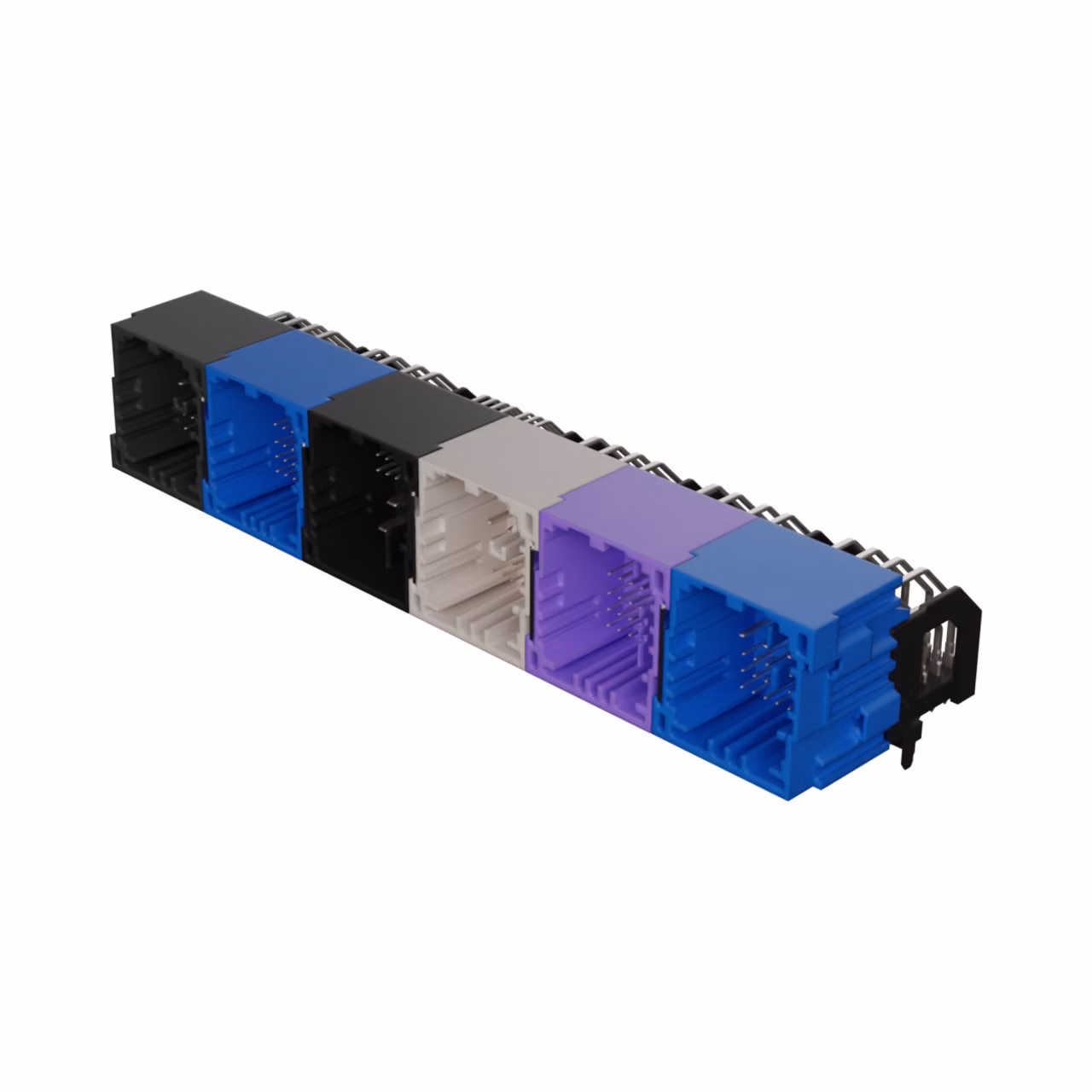 stAK50h 6 Bay Right-Angle Hybrid Header, 172 Circuits, Bay 1: 28 Circuits/Key 1/Dark Gray; Bay 2: 32 Circuits/Key 2/Blue; Bay 3: 25 Circuits/Key 3/Black; Bay 4: 28 Circuits/Key 3/Gray; Bay 5: 32 Circuits/Key 4/Purple; Bay 6: 27 Circuits/Key 3/Blue; Tray for sale