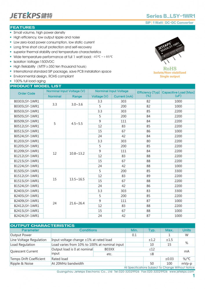 JETEKPS B2424LSY-1WR1 datasheet page 1