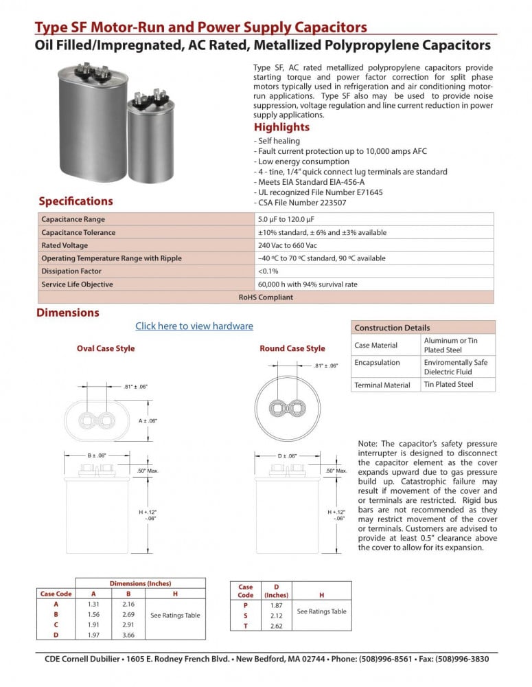 Cornell Dubilier Type SF datasheet page 1