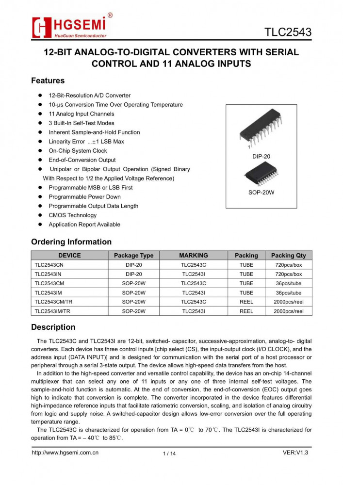 TLC2543IN datasheet page 1