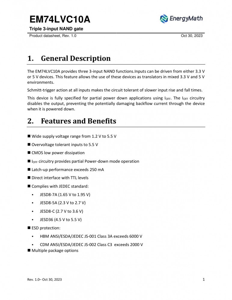 EM74LVC10AD datasheet page 1