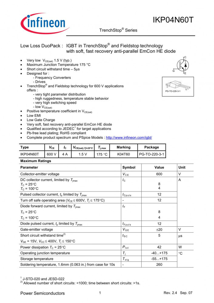 IKP04N60T datasheet page 1