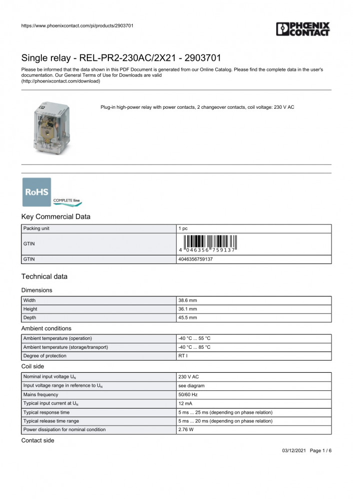 Phoenix Contact 2903701 technical document page 1