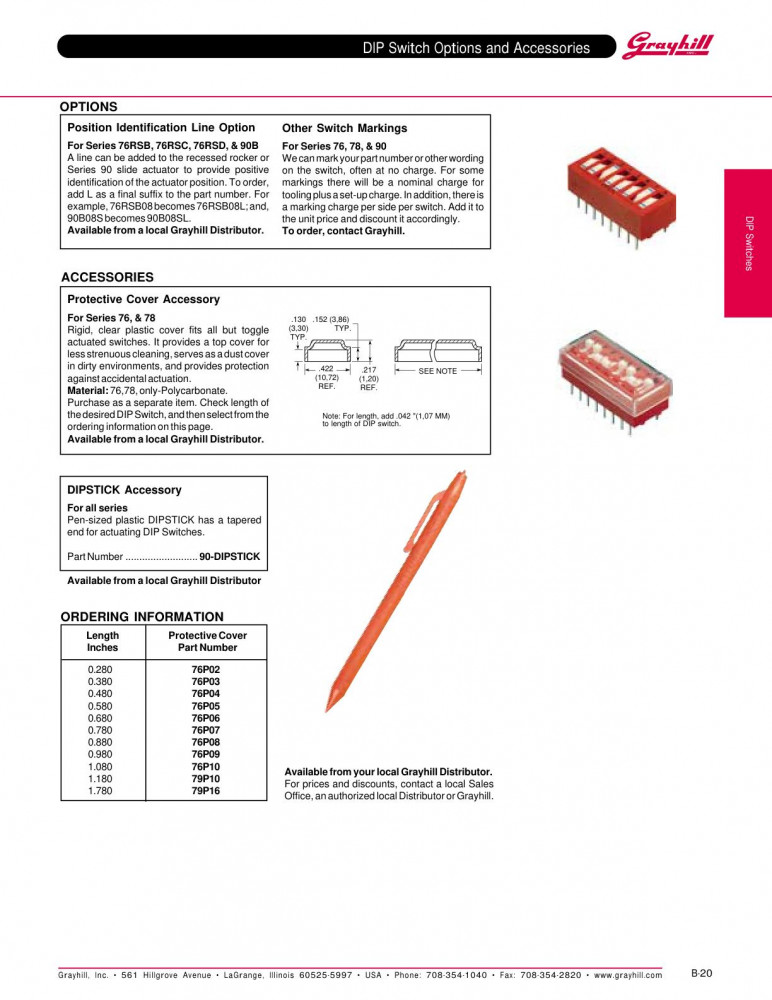 Grayhill Series 76 and 78 protective cover ordering information