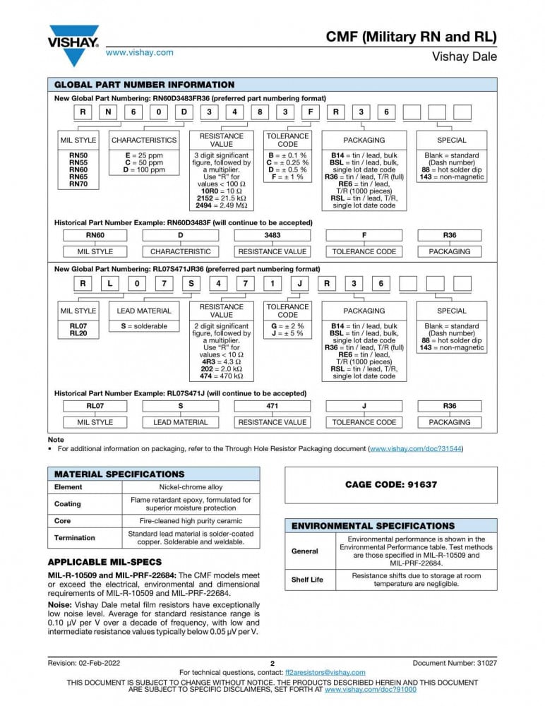 Vishay RN and RL resistor datasheet page 2