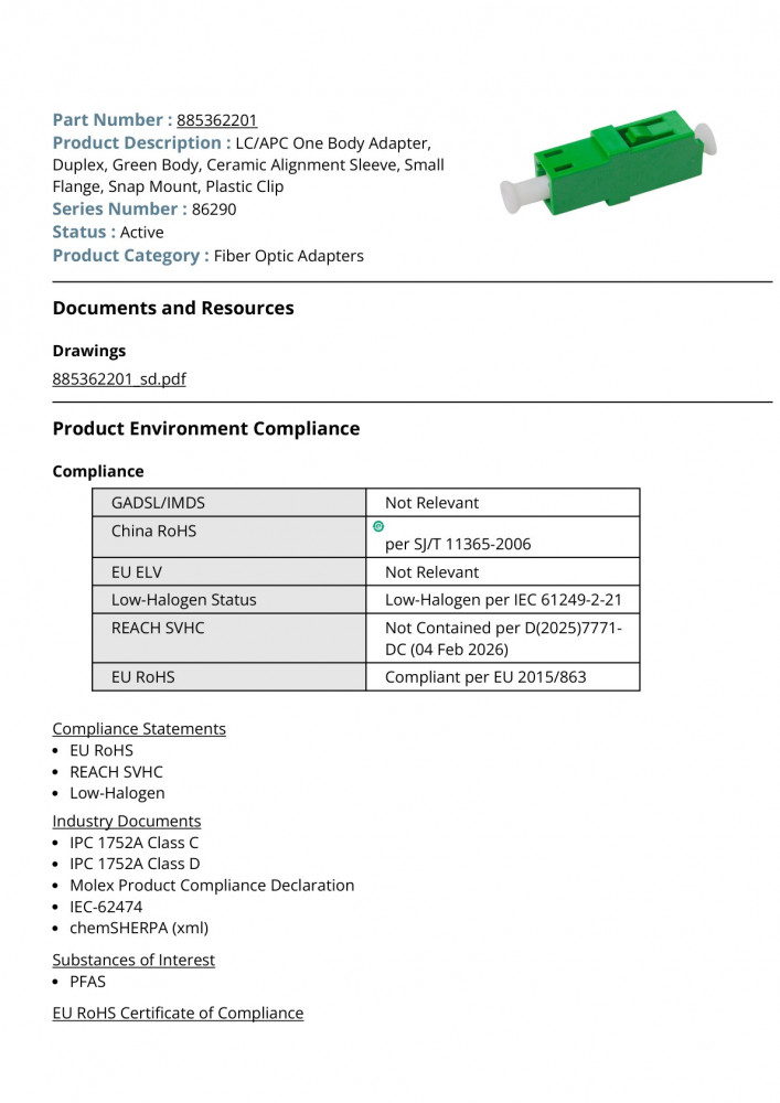 MOLEX 885362201 product drawing page 1