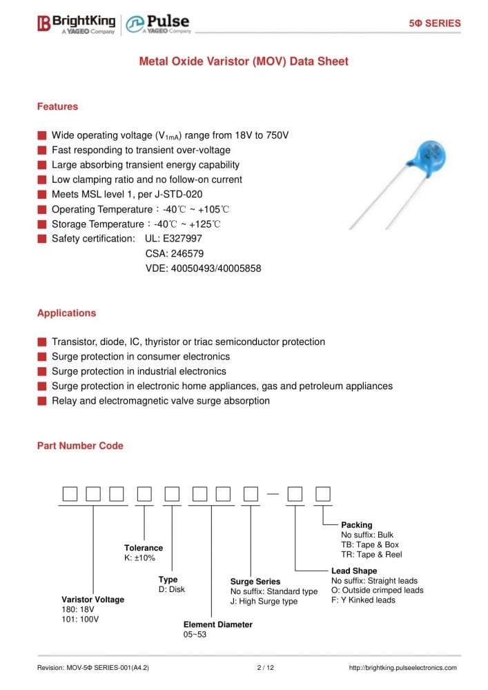 Brightking MOV datasheet page 1