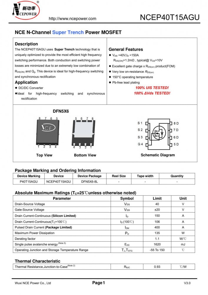 NCEP40T15AGU datasheet page 1