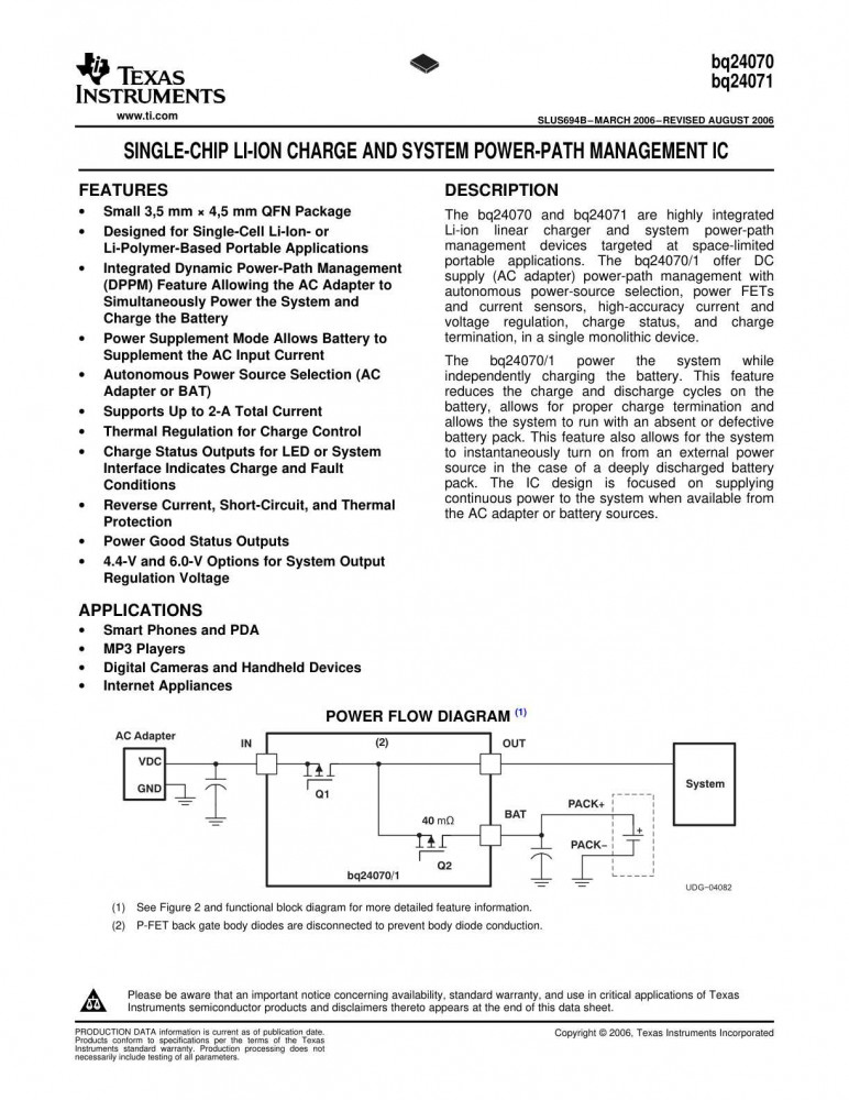 BQ24070 datasheet page 1