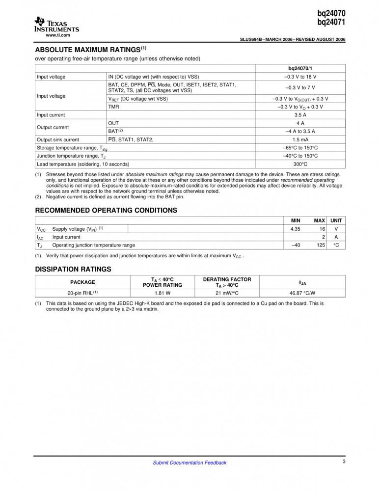 BQ24070 datasheet page 3