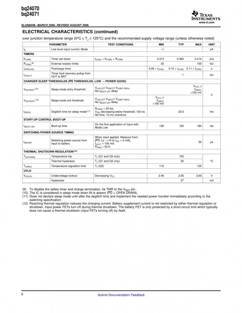 BQ24070 datasheet page 6
