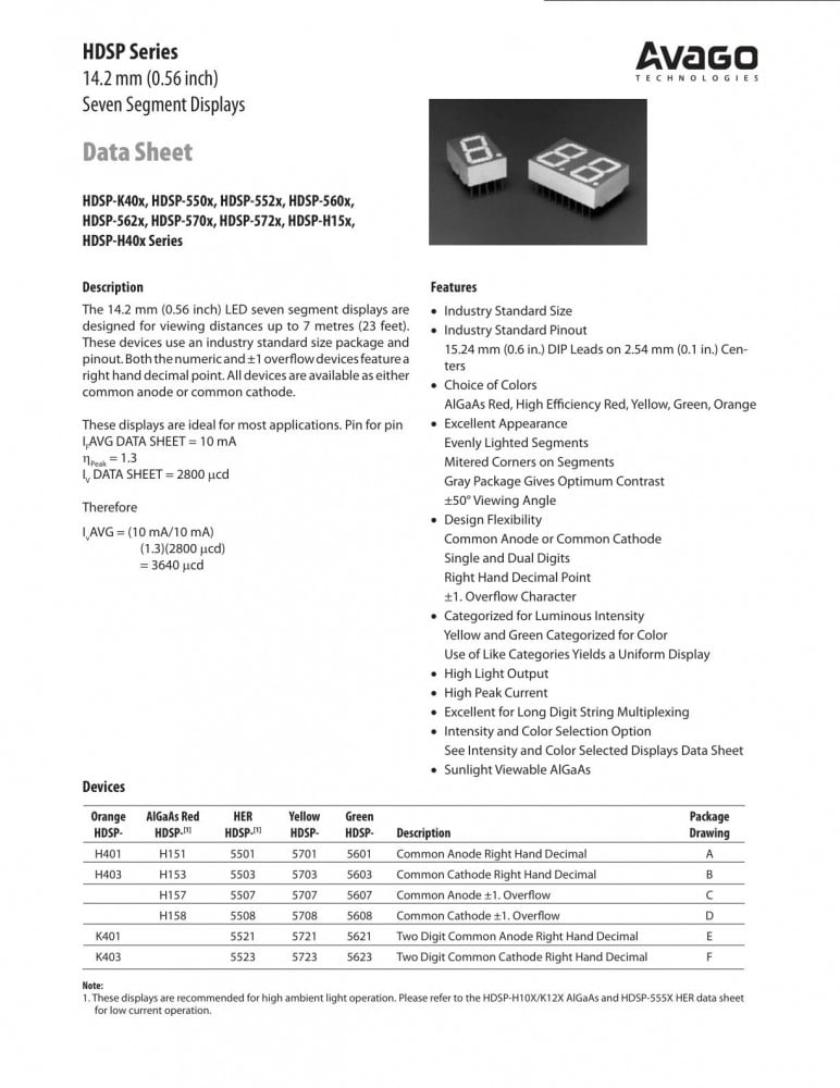 HDSP series datasheet page 1