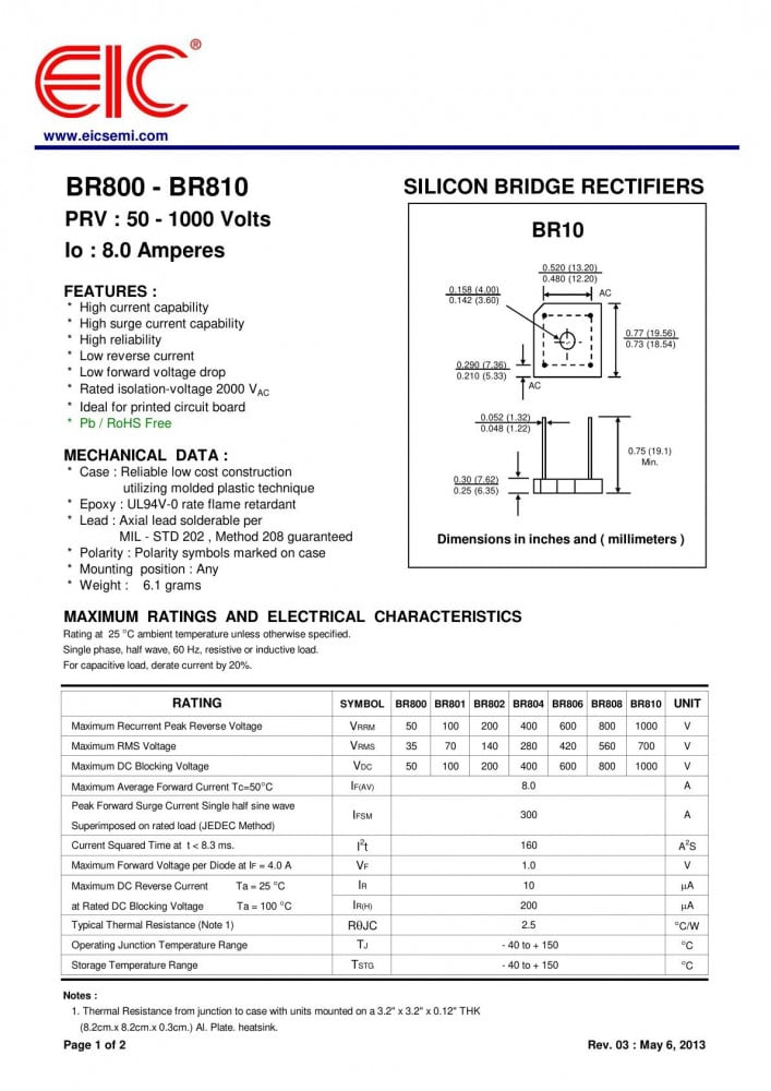 EIC BR800-BR810 datasheet page 1