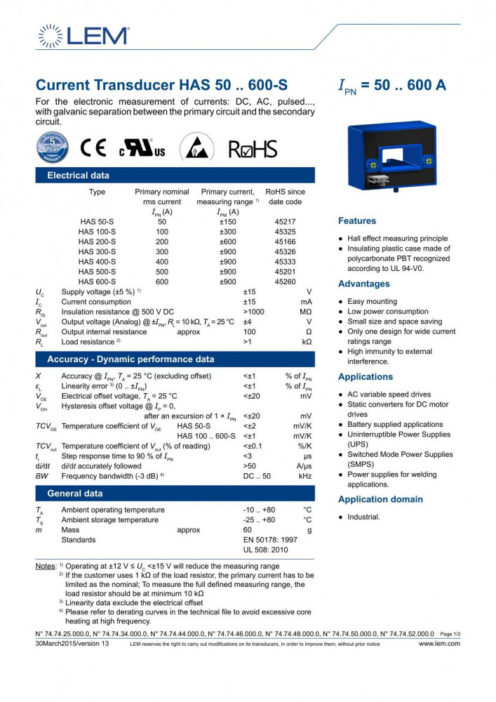 LEM HAS500-S technical document page 1