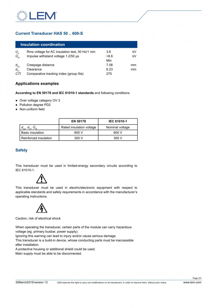 LEM HAS500-S technical document page 2