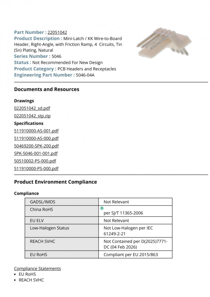MOLEX 22051042 technical document preview, page 1