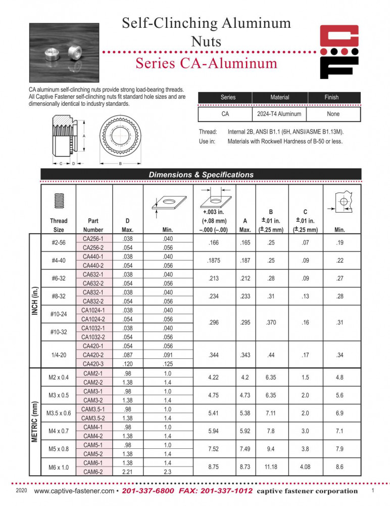Captive Fastener CA aluminum self-clinching nuts technical document page