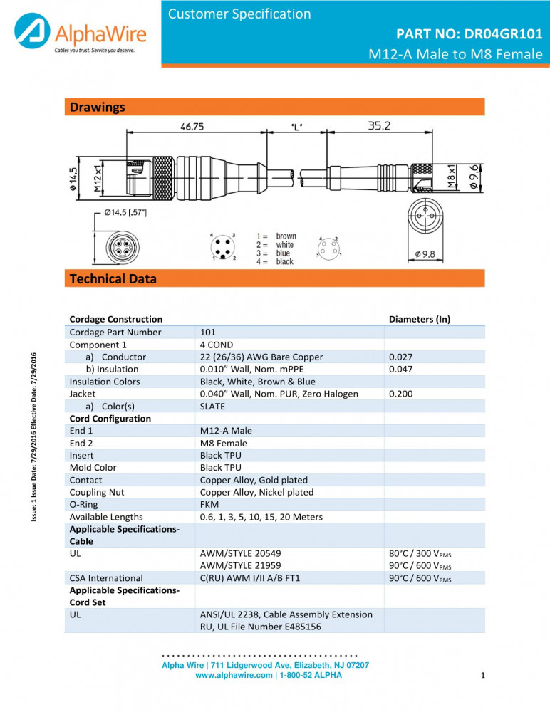 Alpha Wire DR04GR101 SL356 technical specification page