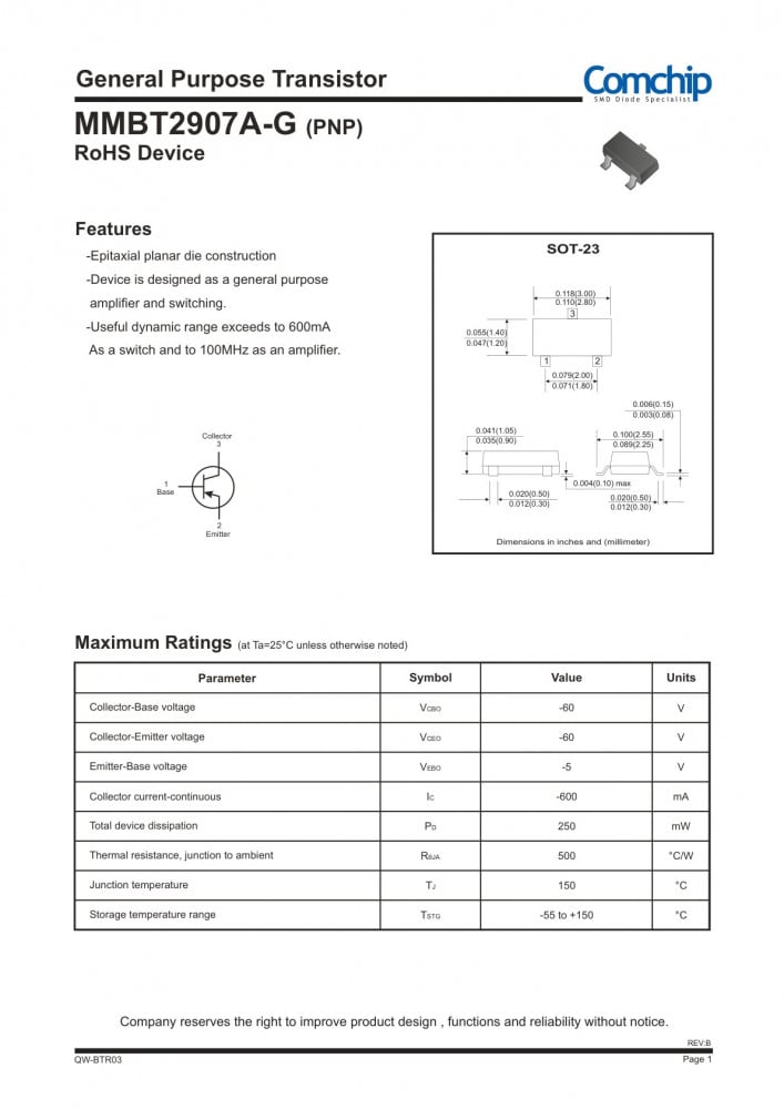 MMBT2907A-G datasheet page 1