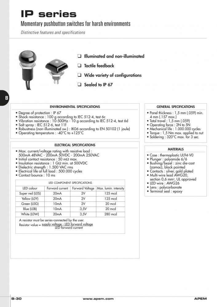 APEM IP series datasheet page 1