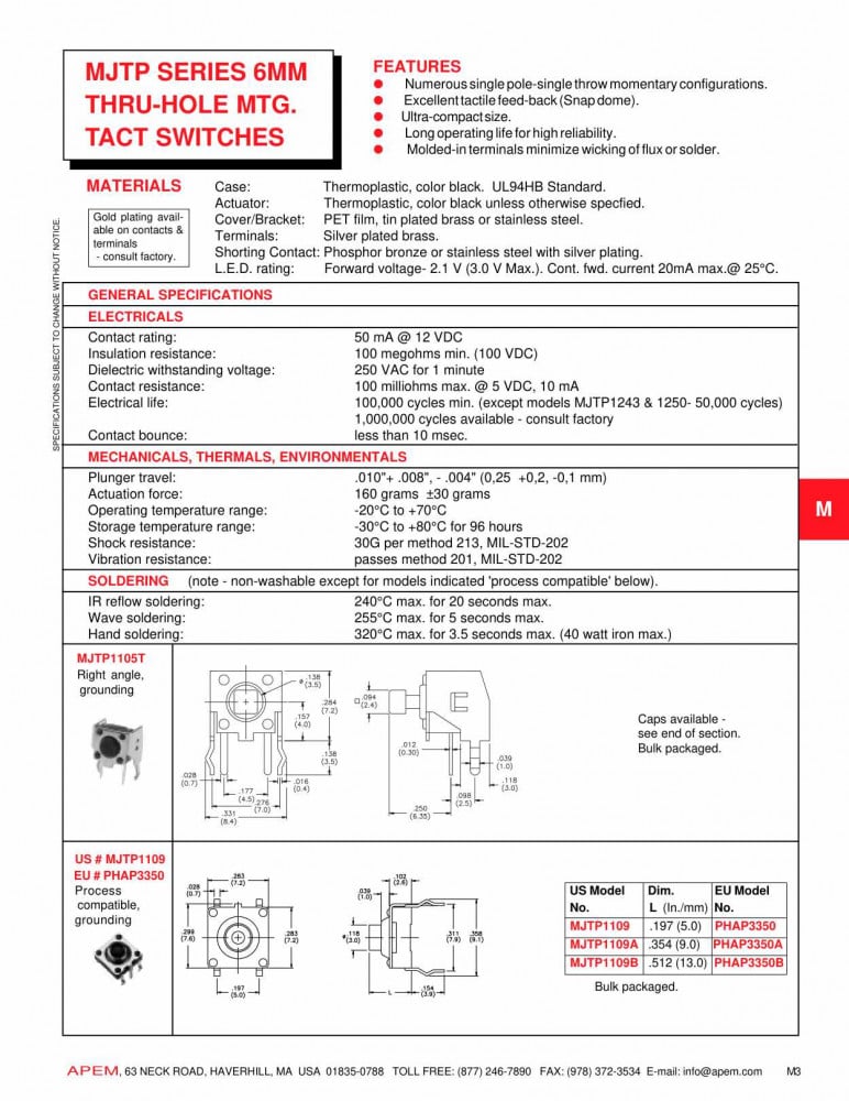 APEM MJTP series datasheet page 1