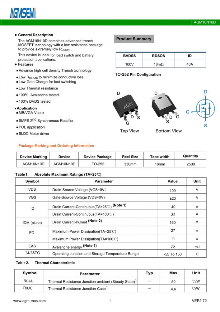 AGM16N10D datasheet page 1