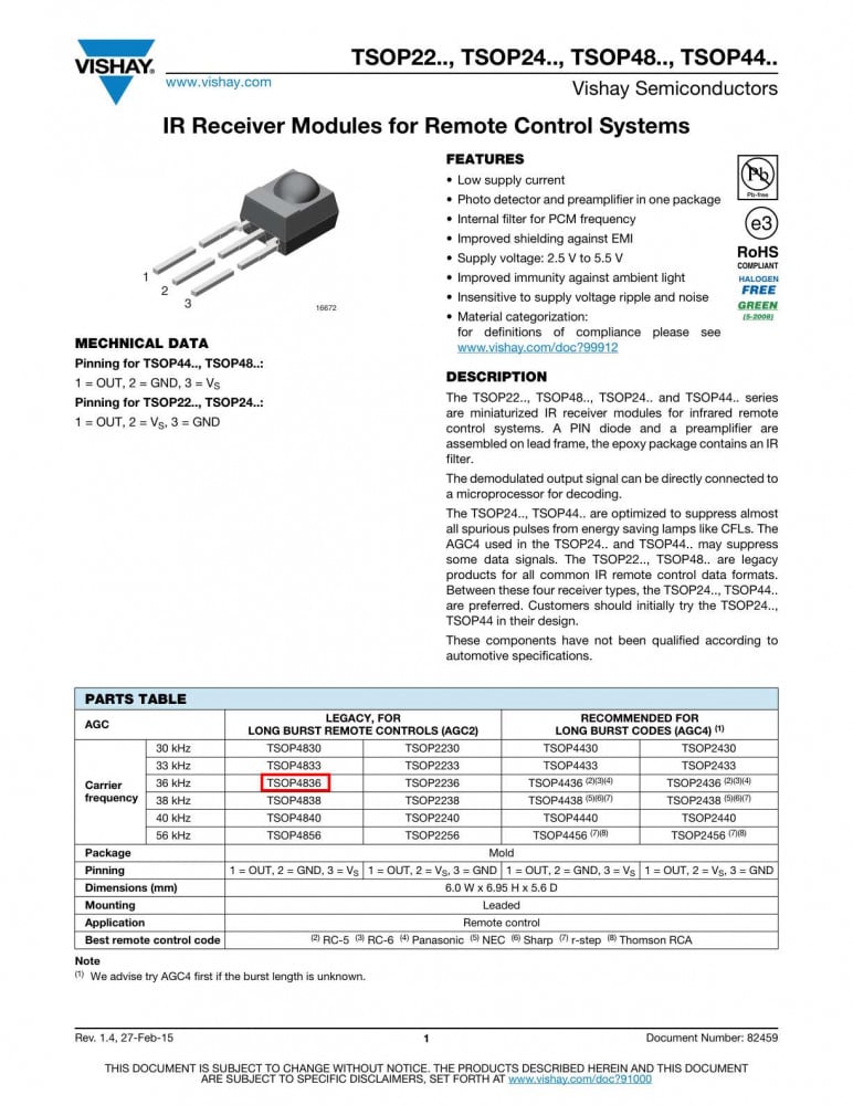 TSOP4836 datasheet page 1