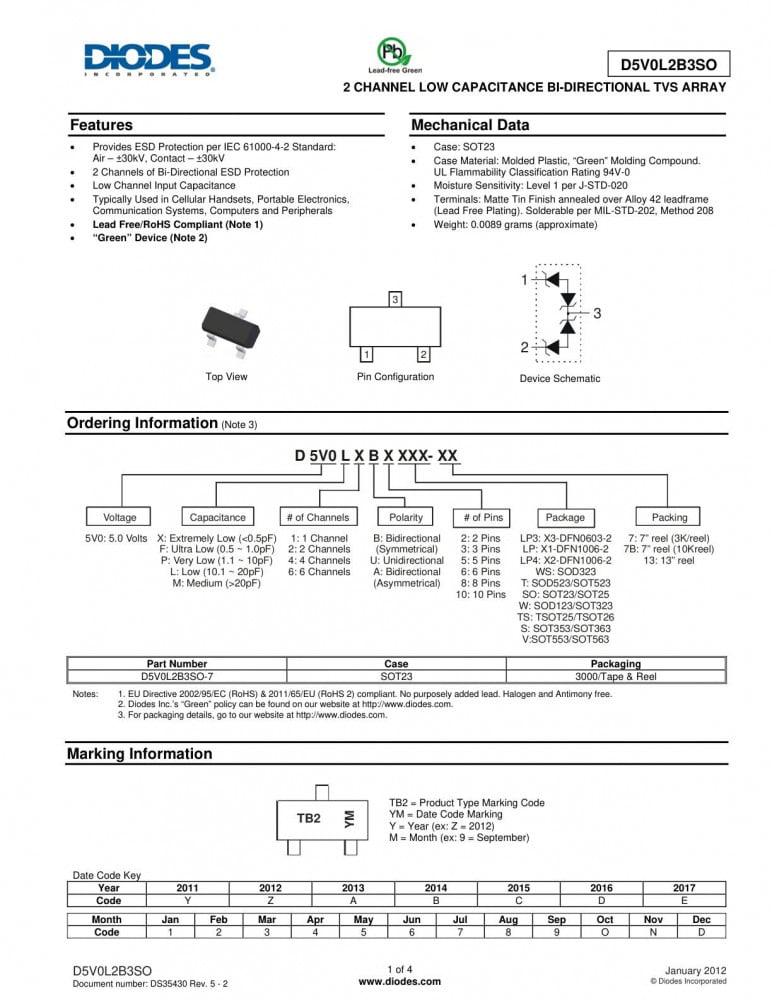 D5V0L2B3SO-7 datasheet page 1