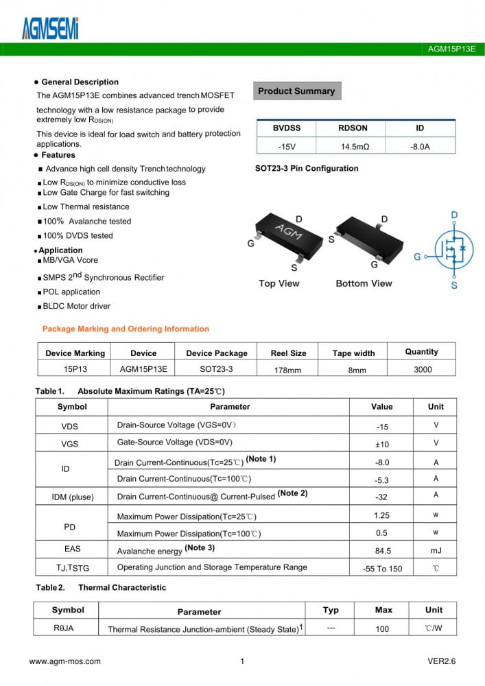 AGM15P13E datasheet page 1