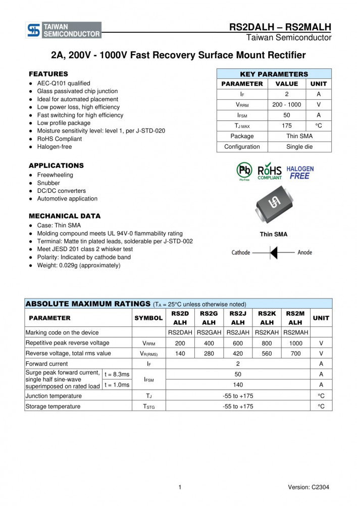 RS2DALH datasheet page 1