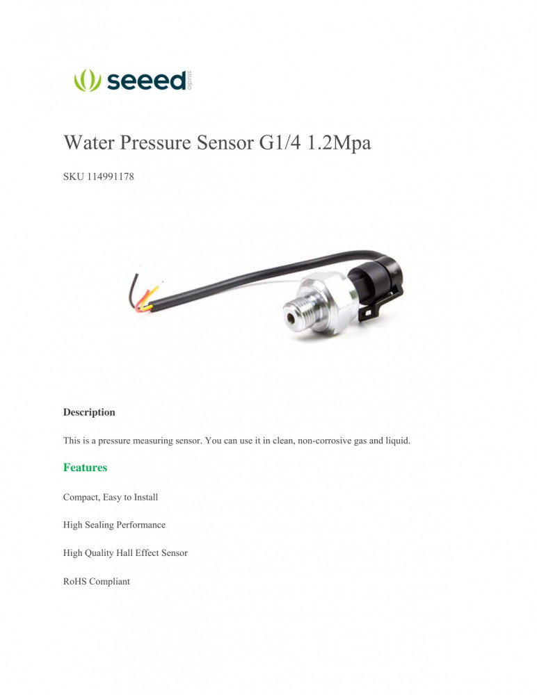 Water pressure sensor product document image 1
