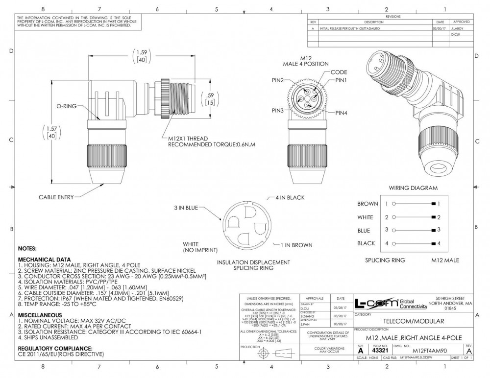 L-com M12FT4AM90 technical drawing