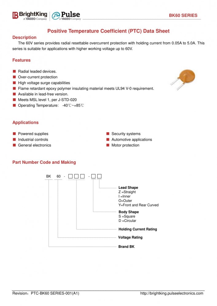 BK60 series datasheet page 1