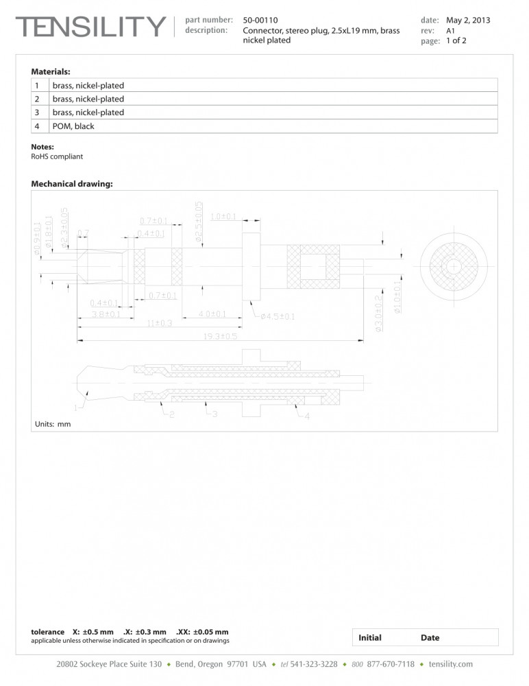 Tensility International 50-00110 specification document, page 1