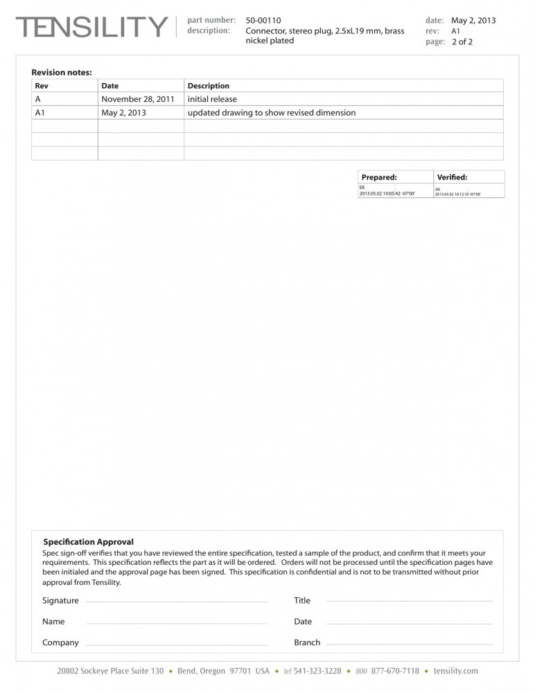 Tensility International 50-00110 specification document, page 2