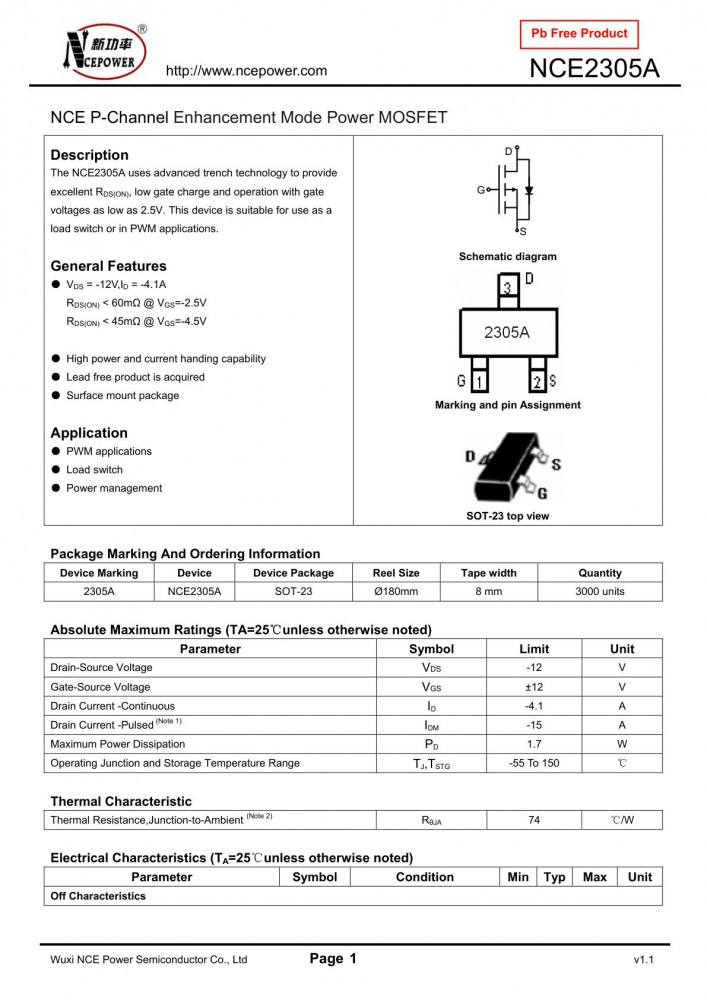 NCE2305A datasheet page 1