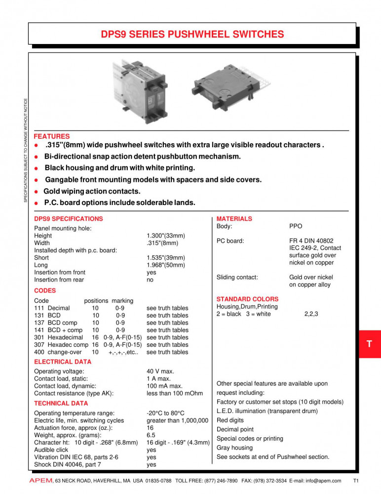 DPS9 series pushwheel switch documentation page 1