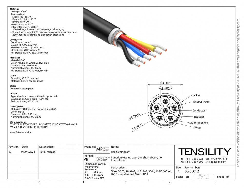 Technical drawing for Tensility International cable model 30-03012