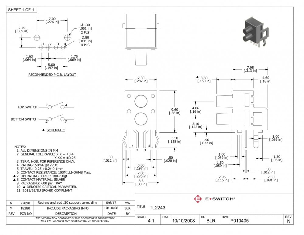 E-Switch TL2243 technical drawing