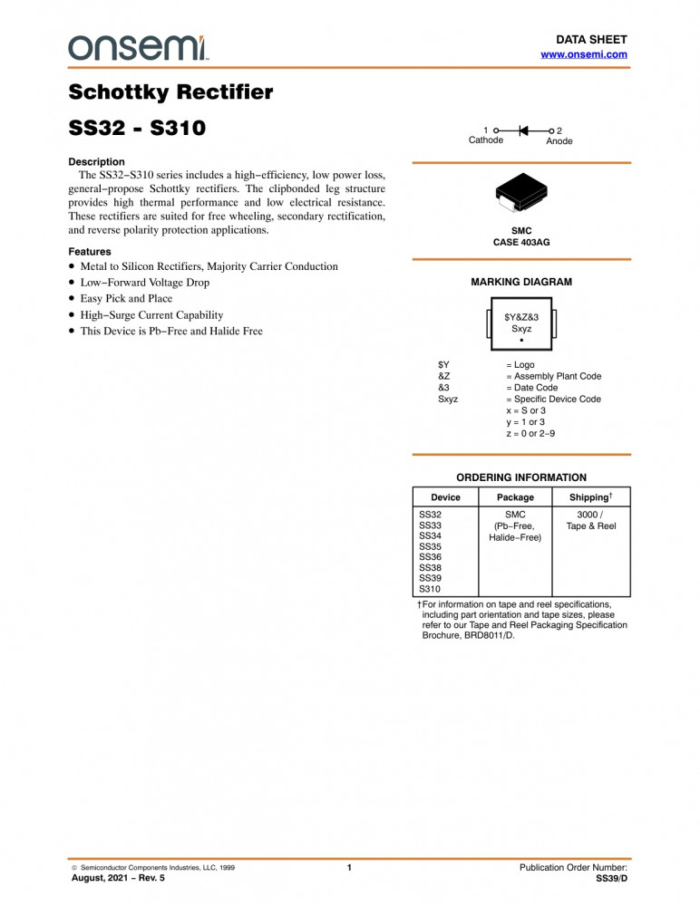 onsemi SS34 datasheet page 1